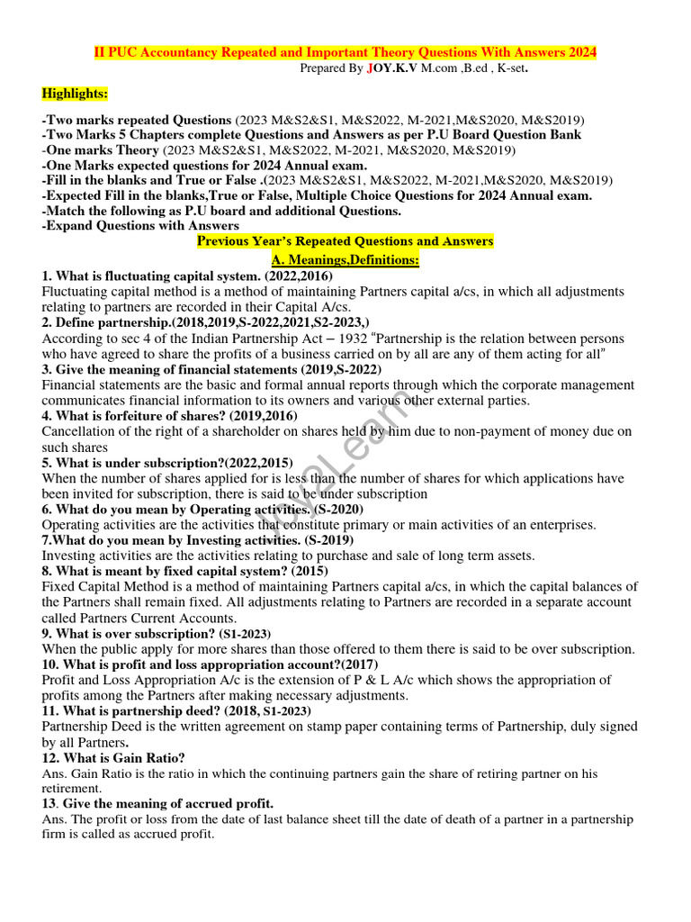 II PU ACC Important - Theoery - 2024 - by Joy2Learn | PDF