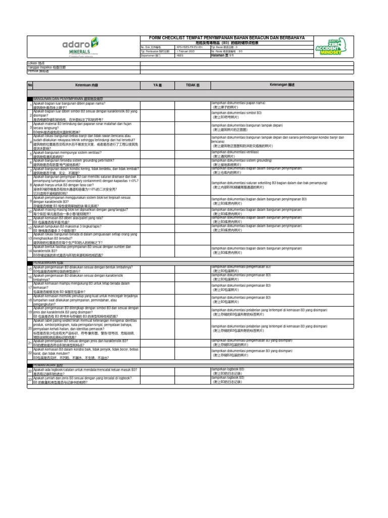 KPS-HSES-FR-EV-001 Checklist B3 Dan Lampiran - Translated | PDF