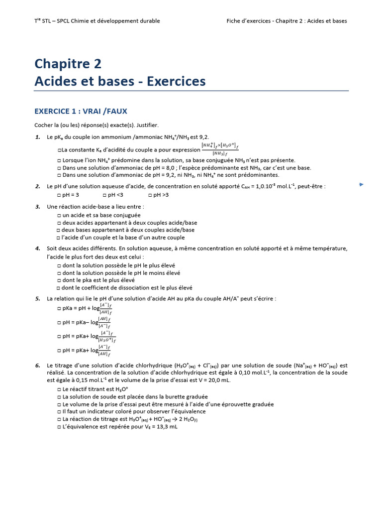 Chapitre 2 - Acides et bases - Exercices | PDF