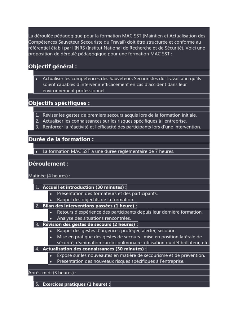 La Déroulée Pédagogique Pour La Formation MAC SST | PDF