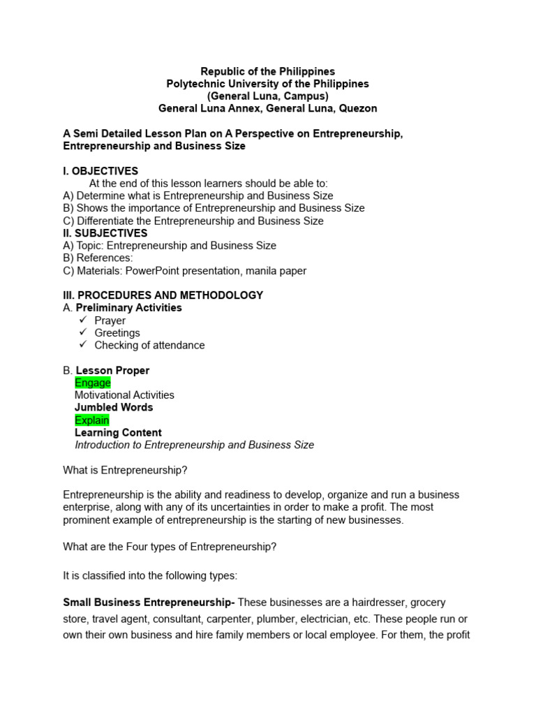 Semi-Detailed EPP Lesson Plan on Entrepreneurship | PDF ...