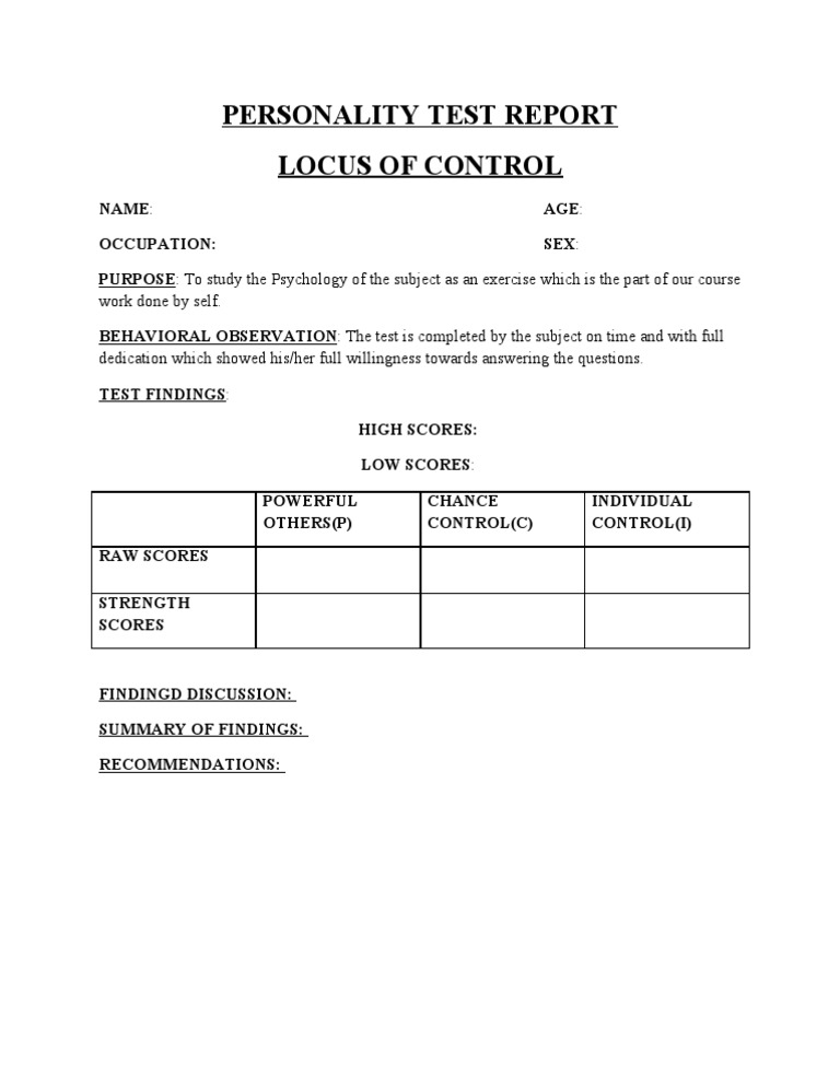 Personality Test Report Locus of Control: Work Done by Self | PDF ...
