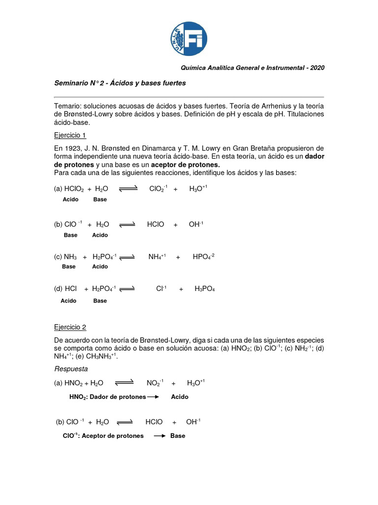 Seminario 2 - Ácidos y Bases fuertes. RESUELTO | PDF Seminario 2 - Ácidos y Bases fuertes. RESUELTO | PDF