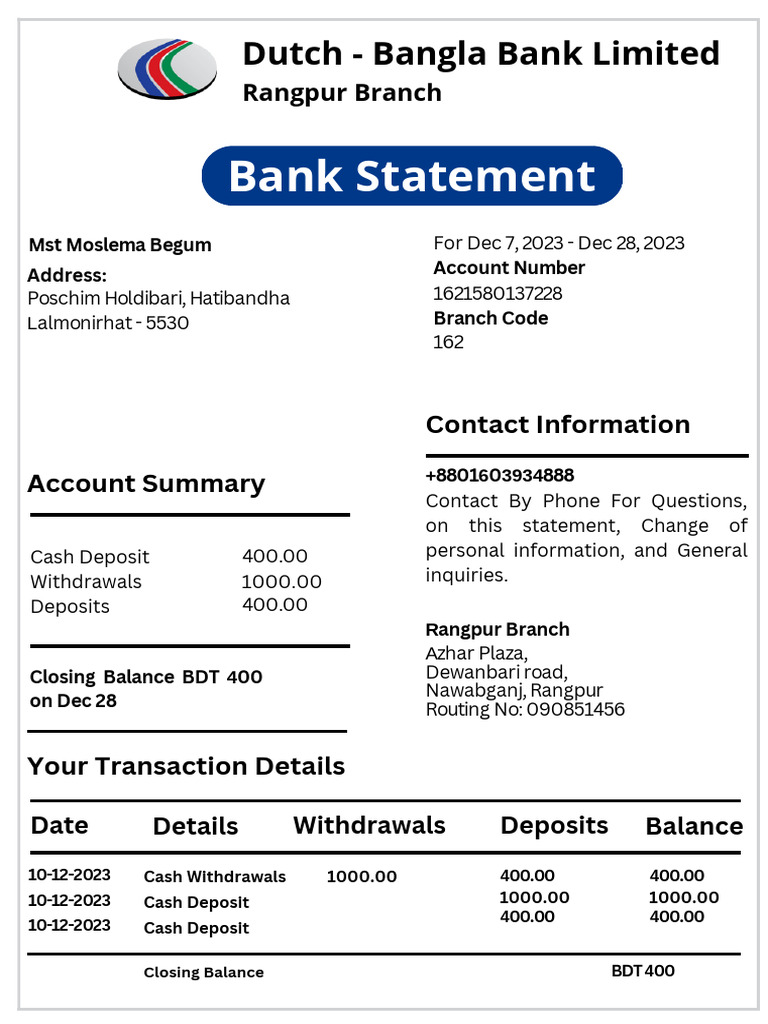 Dutch Bangla Bank Statement Template | PDF
