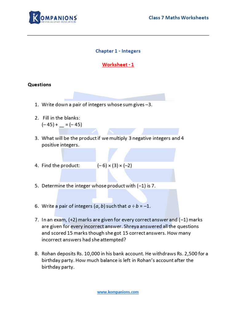 Class 7 Maths Chapter 1 Integers Worksheet 1 | PDF Class 7 Maths Chapter 1 Integers Worksheet 1 | PDF