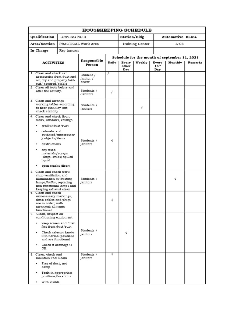 01 Housekeeping Schedule | PDF | Housekeeping