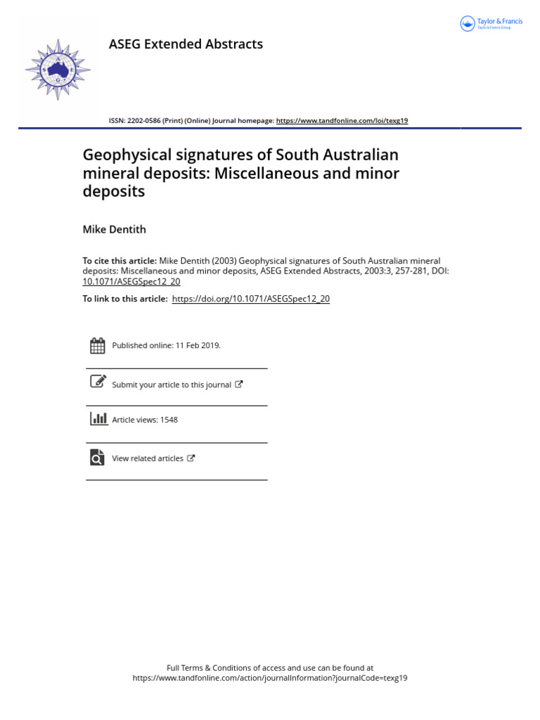 Geophysical Signatures of South Australian Mineral Deposits Miscellaneous and Minor Deposits | PDF