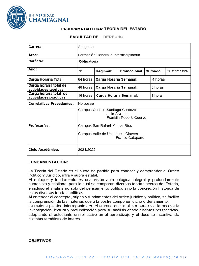 Programa 2021-22 - Teorìa Del Estado | PDF