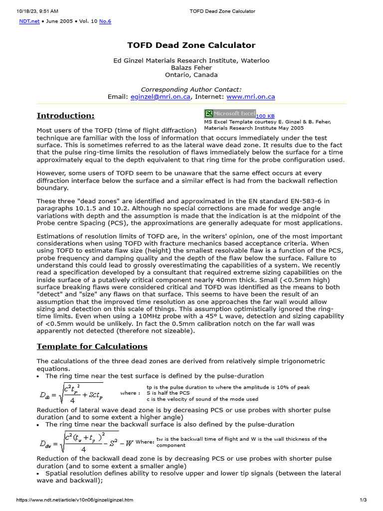 TOFD Dead Zone Calculator | PDF | Diffraction | Electromagnetism