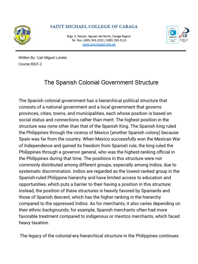 The Spanish Colonial Government Structure - Carl Miguel Luneta | PDF