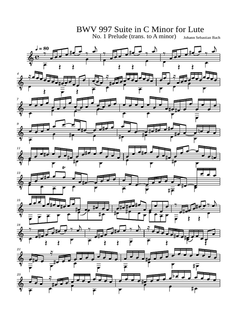 Suite in C Minor For Lute Transposed To A Minor For Guitar - J.S. Bach - BWV 997 | Download Free ...