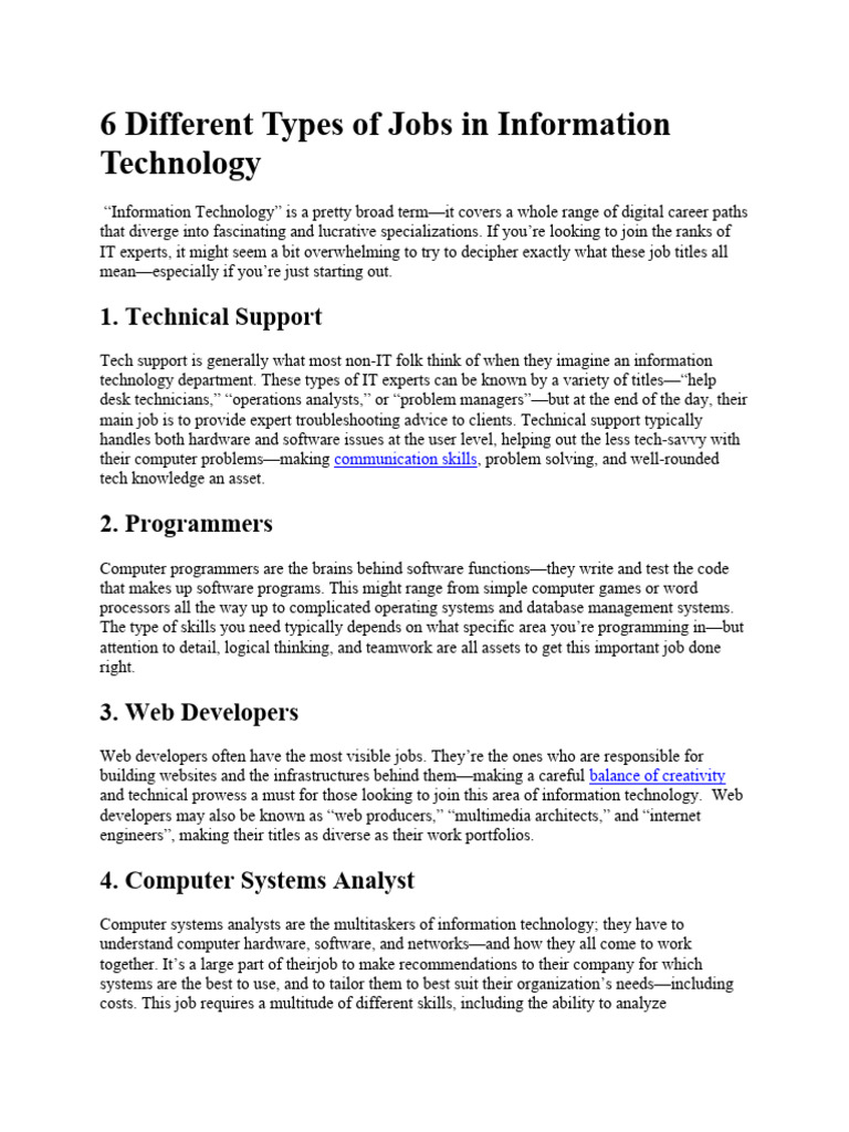 6 IT Job Types Explained | PDF | Technical Support | Computer Security