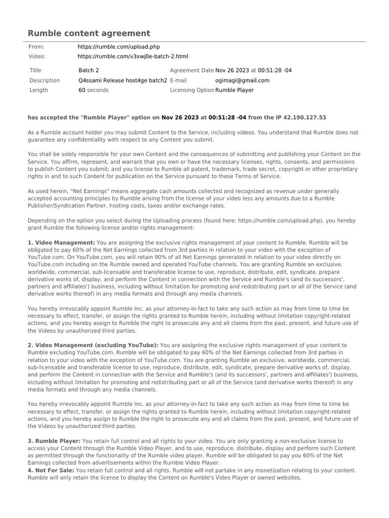 Rumble Content Agreement Overview | PDF