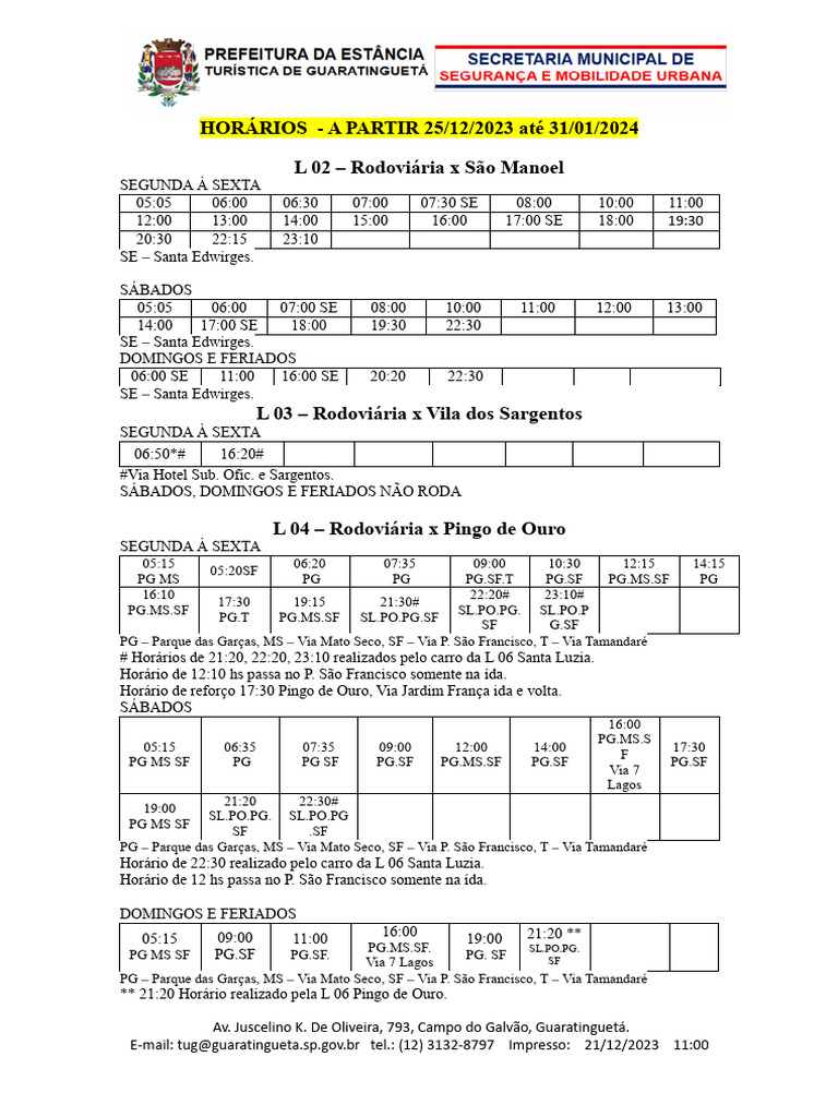 01 Horario Urbana Guaratingueta PMG 25 12 2023 1 | PDF