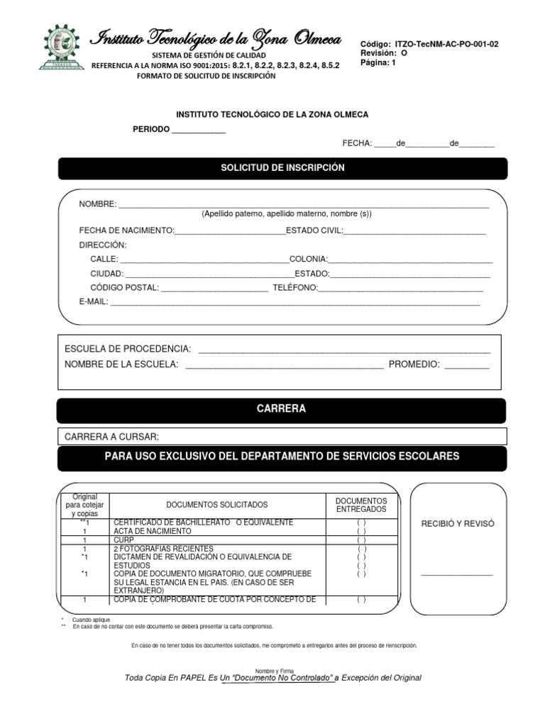 INSCRIPCION ITZO-TecNM-AC-PO-001-02 | PDF