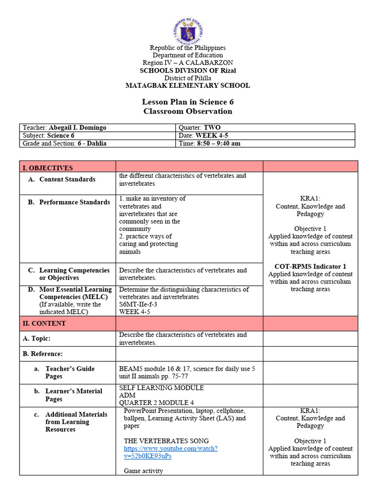 Science 6: Vertebrates vs Invertebrates Lesson Plan | PDF | Vertebral ...