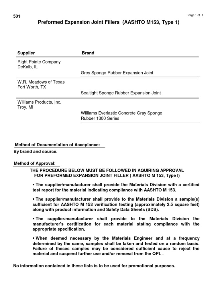 501-Preformed-Expansion-Joint-Fillers-AASHTO-M153-Type-1 | PDF