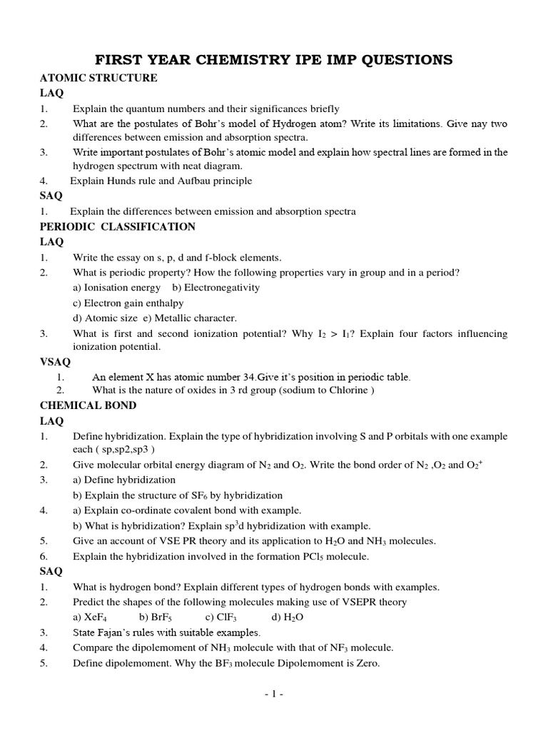 First Year Chemistry Very Important Questions Half Yearly | Download ...