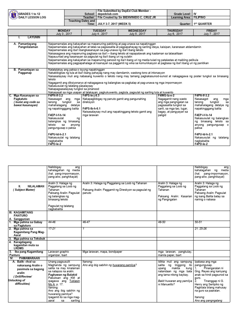 DLL Filipino 4 Q1 W5 | PDF