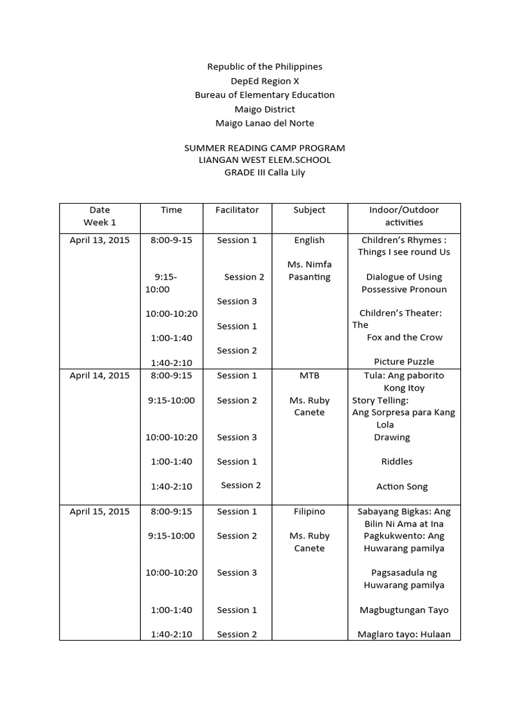 Summer Reading Camp Matrix in grd.3 | PDF