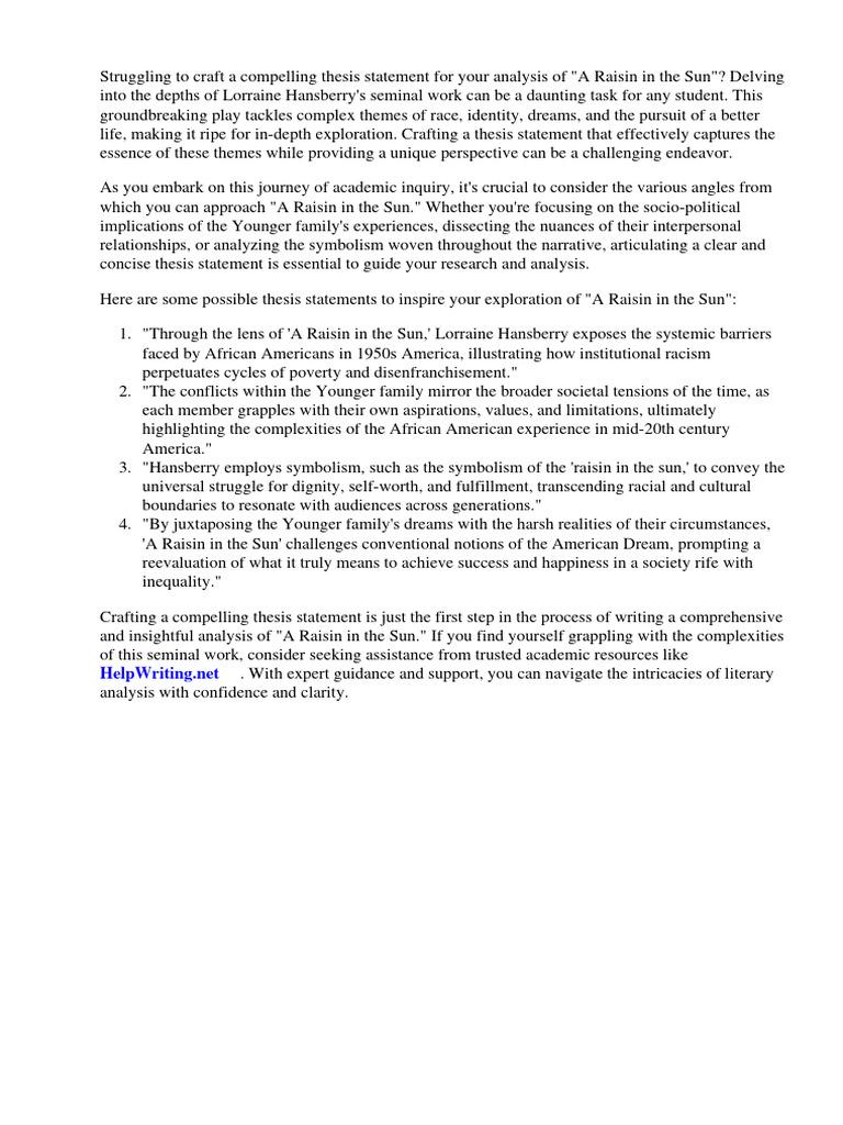 Possible Thesis Statements For A Raisin in The Sun | PDF