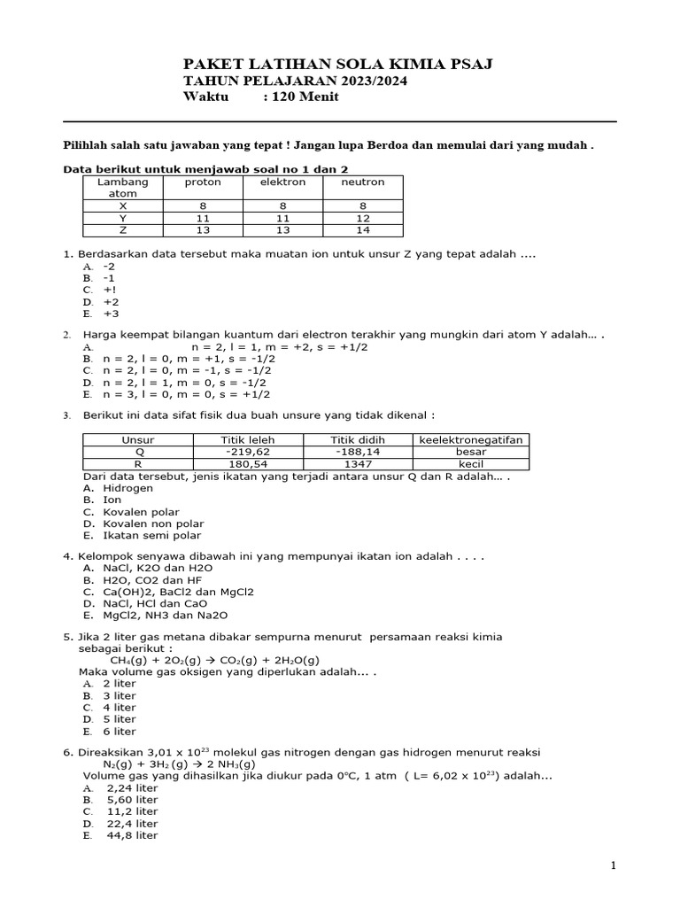 Soal Latihan Psaj Kimia 2024 | PDF