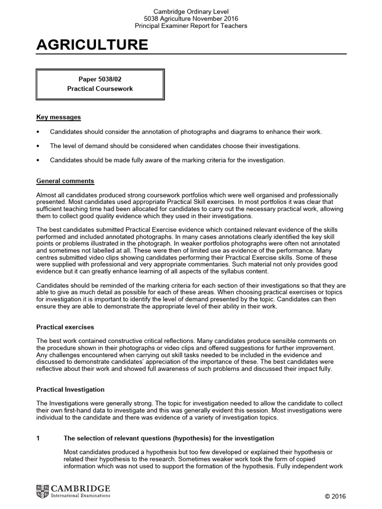 Agriculture: Paper 5038/02 Practical Coursework | PDF