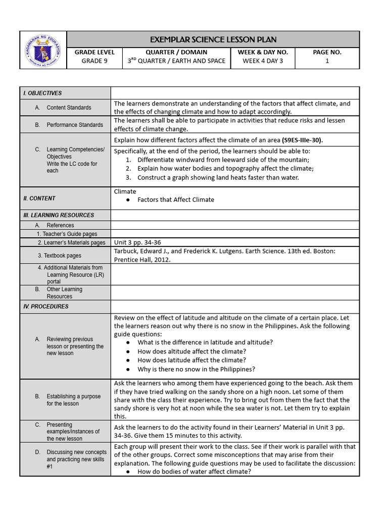 Exemplar Science Lesson Plan: Grade Level Quarter / Domain Week & Day No. Page No | PDF