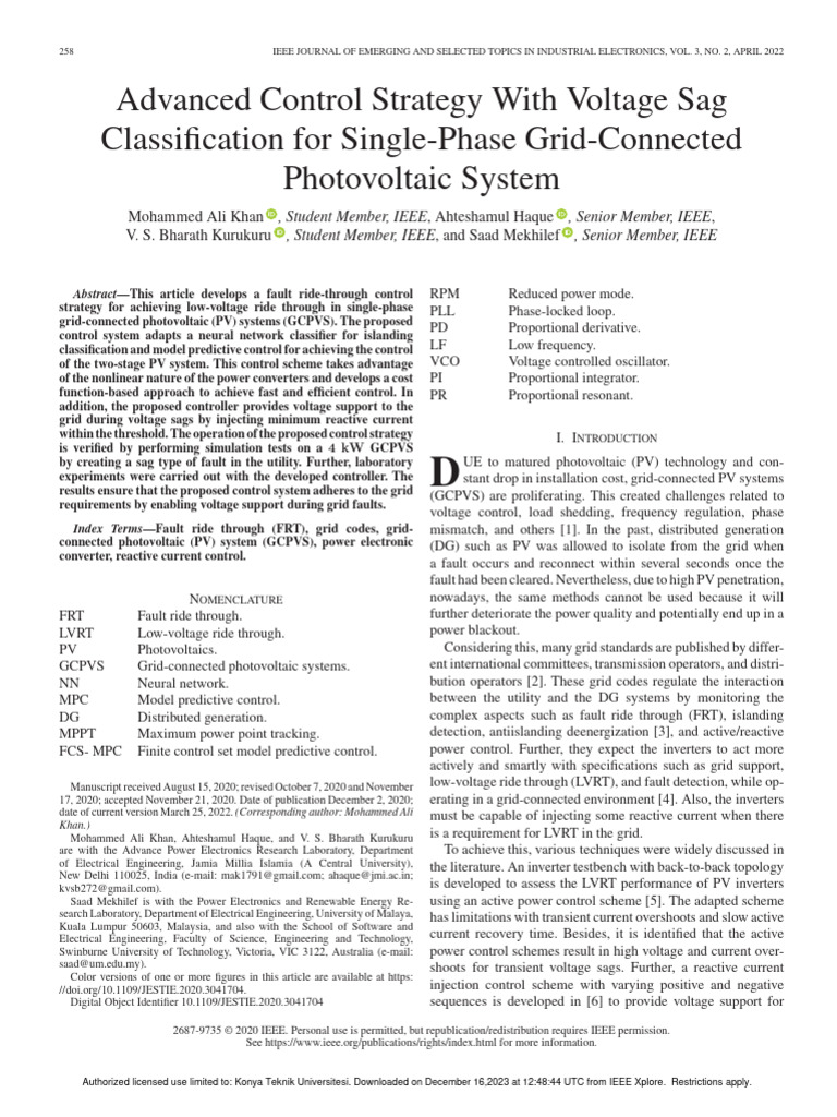 Advanced Control Strategy With Voltage Sag Classification For Single