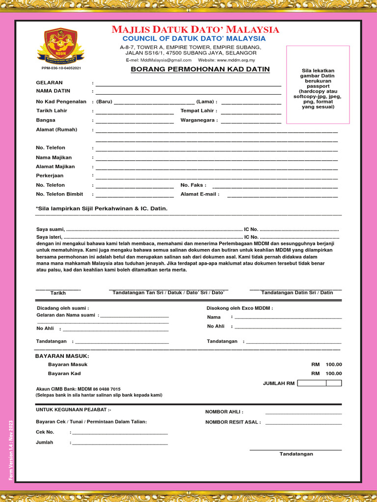 MDDM Datin Card Application Form v8 | PDF