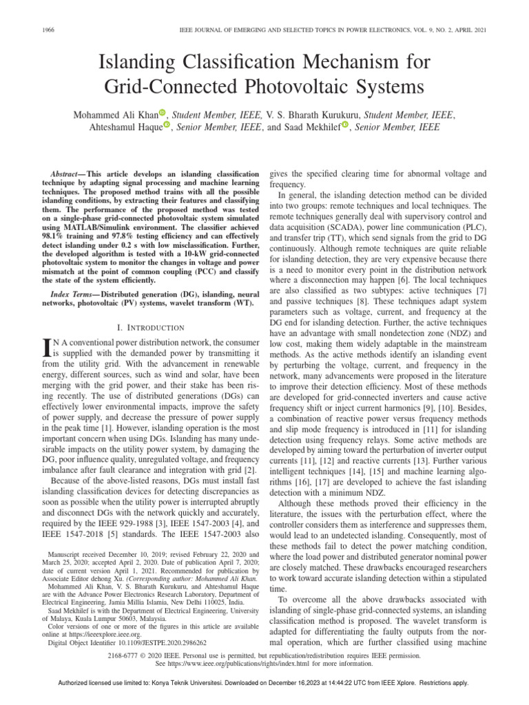 Islanding Classification Mechanism for Grid-Connected Photovoltaic Systems | PDF