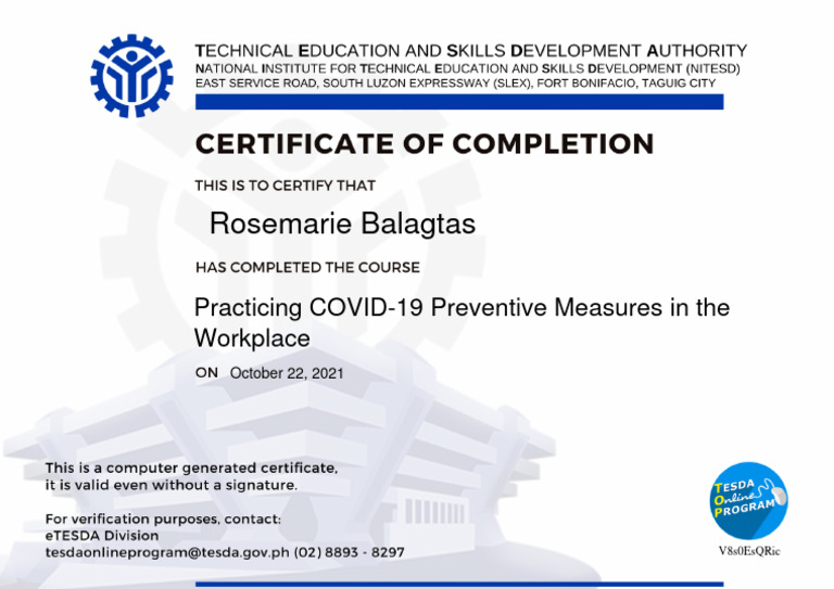 Practicing COVID-19 Preventive Measures in The Workplace - Certificate of Completion | PDF ...