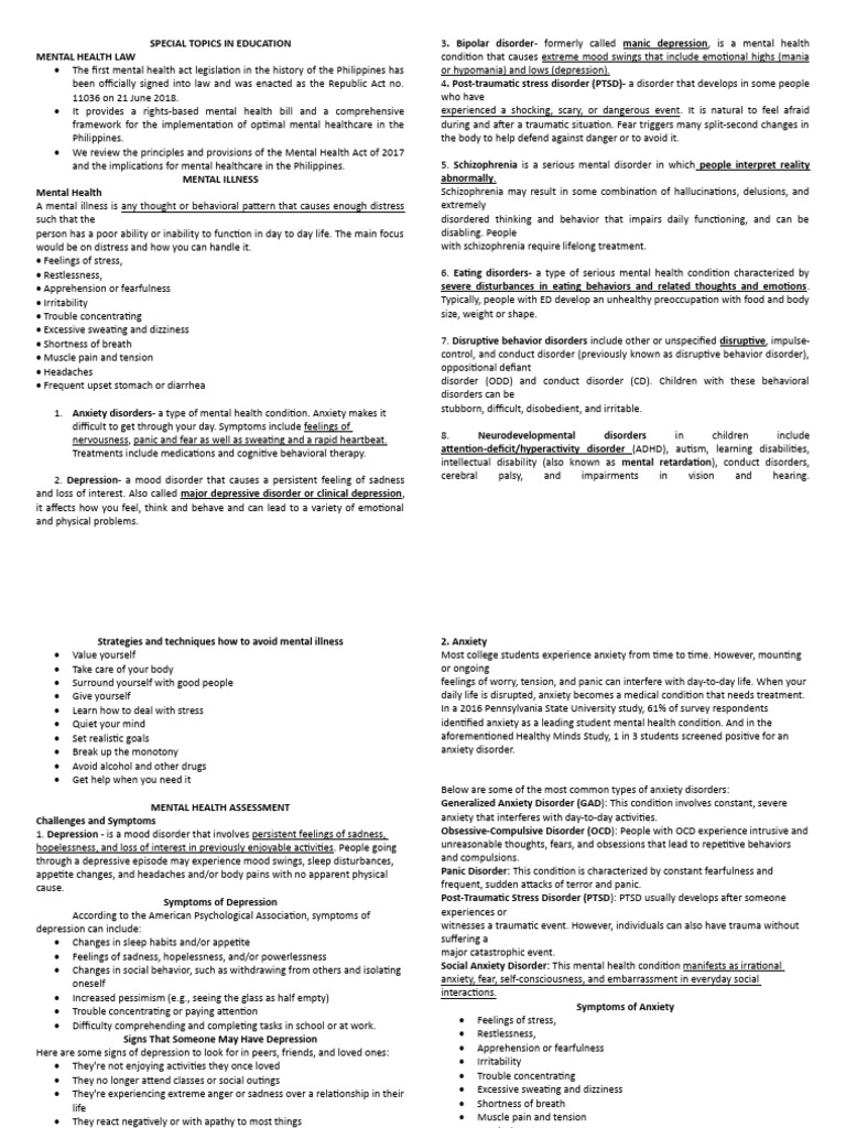 Special Topics in Education - Reviewer | PDF | Anxiety Disorder | Mental Disorder