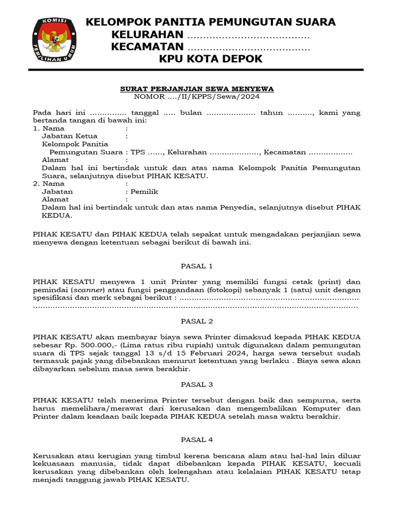 Format Sewa Printer - Kelompok Panitia Pemungutan Suara (KPPS) | PDF