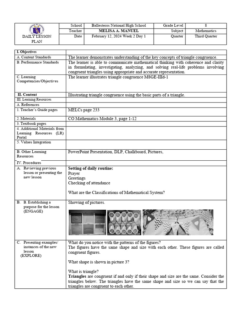 DLP q3 w3 Triangle Congruence Day 1 | PDF | Cognition | Learning