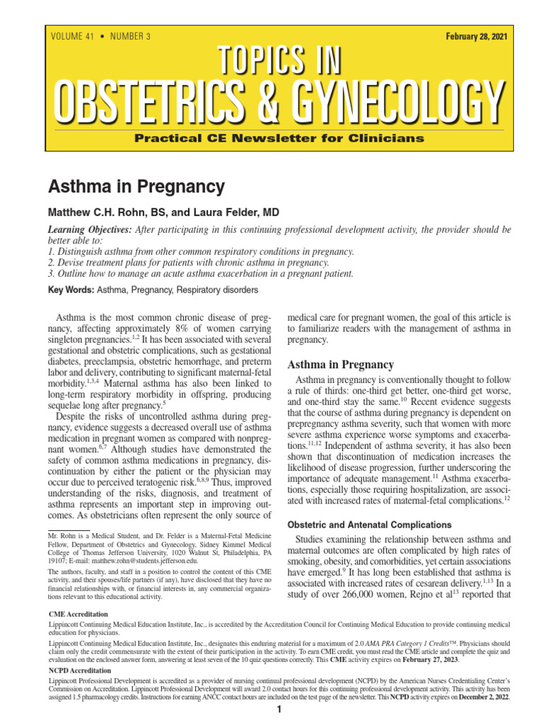 Asthma in Pregnancy - Matthew C.H. Rohn, BS, And Laura Felder, MD | PDF ...