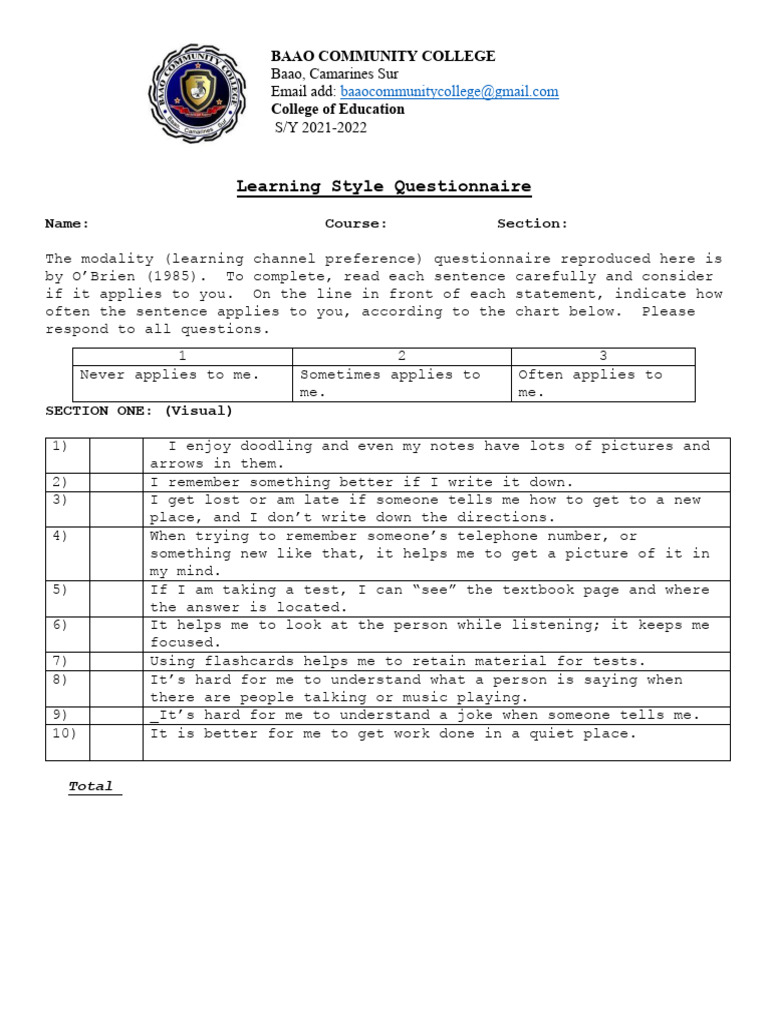 Learning-Style-Questionnaire | PDF | Learning Styles | Neuroscience