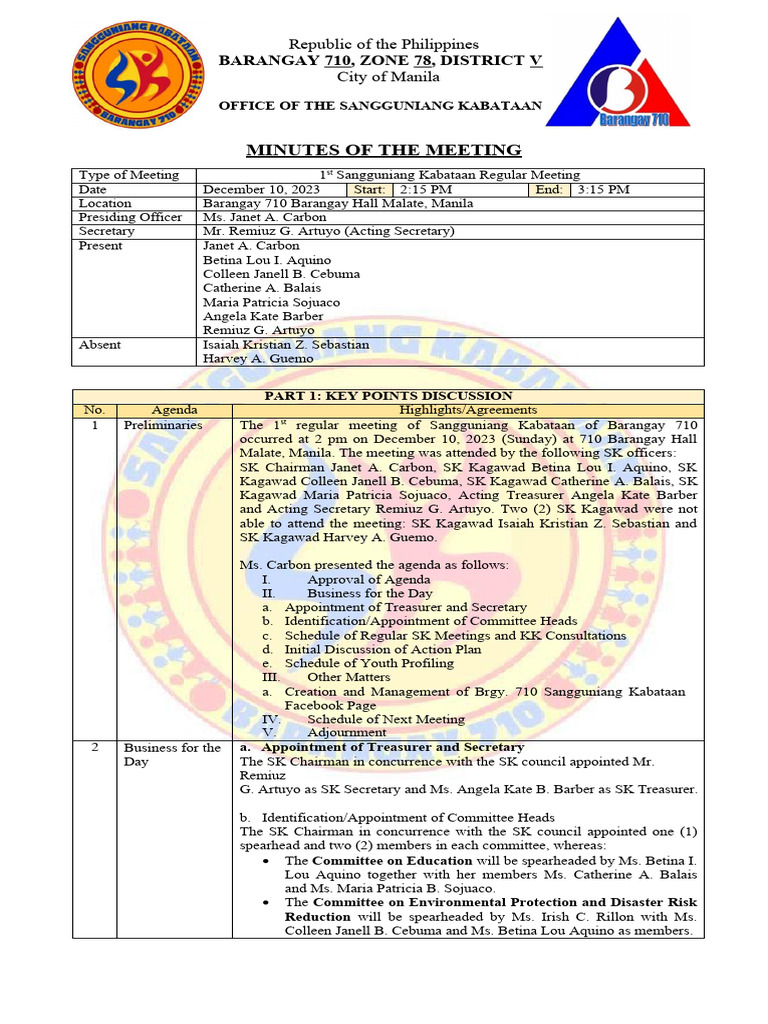 SK Meeting Minutes - Barangay 710 Manila | PDF