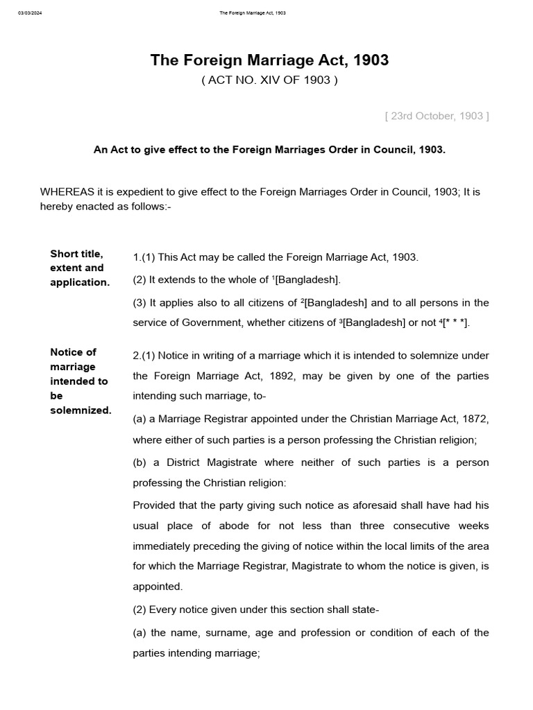Foreign Marriage Act of 1903 Overview | PDF | Common Law | Government