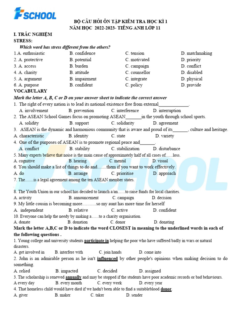 Bo Cau Hoi On Thi Tieng Anh 11 HK 1 Nam 2022 2023 Ae43f29d02 | PDF