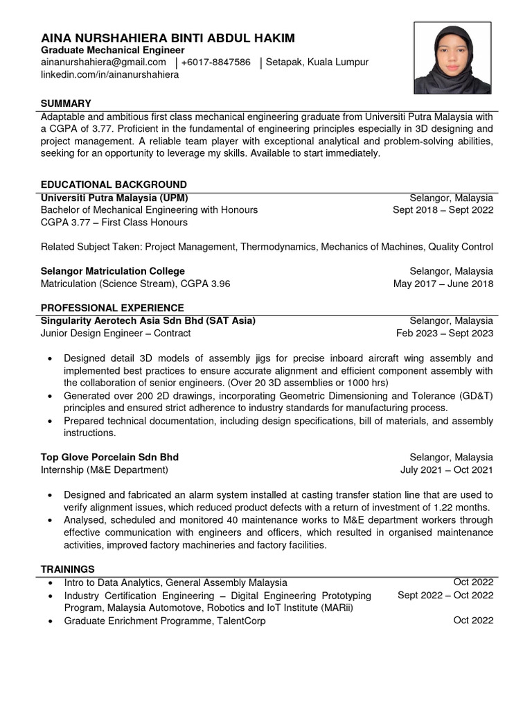 Aina Nurshahiera Binti Abdul Hakim - Resume | PDF