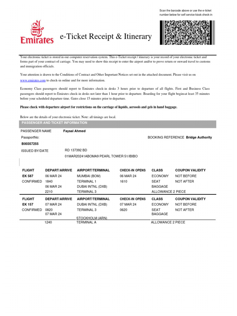 Emirates Plane Ticket | PDF
