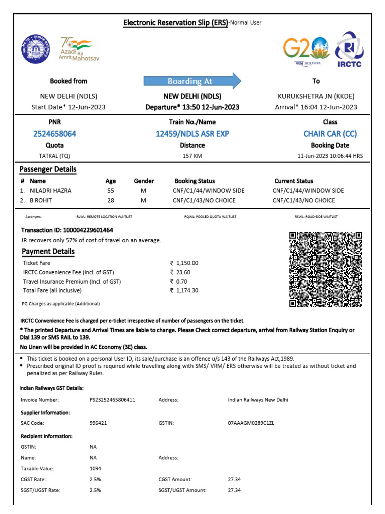 12459/NDLS ASR EXP Chair Car (CC) | PDF
