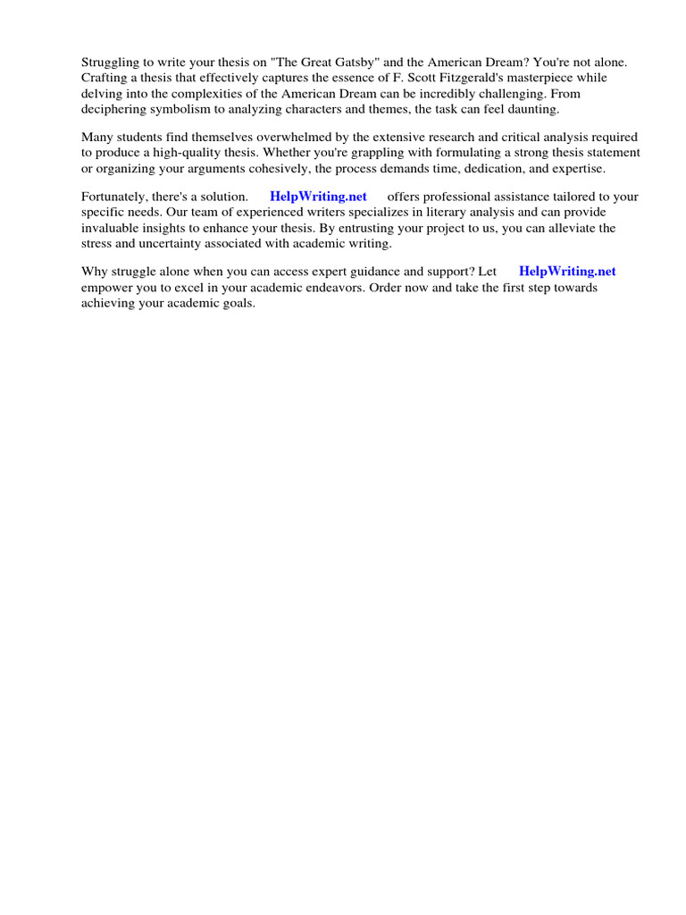 Thesis For The Great Gatsby American Dream | PDF