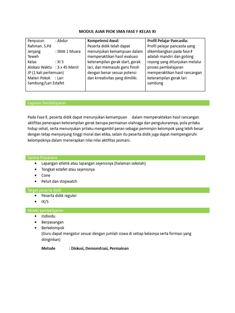 MODUL AJAR PJOK SMA FASE F KELAS XI | PDF