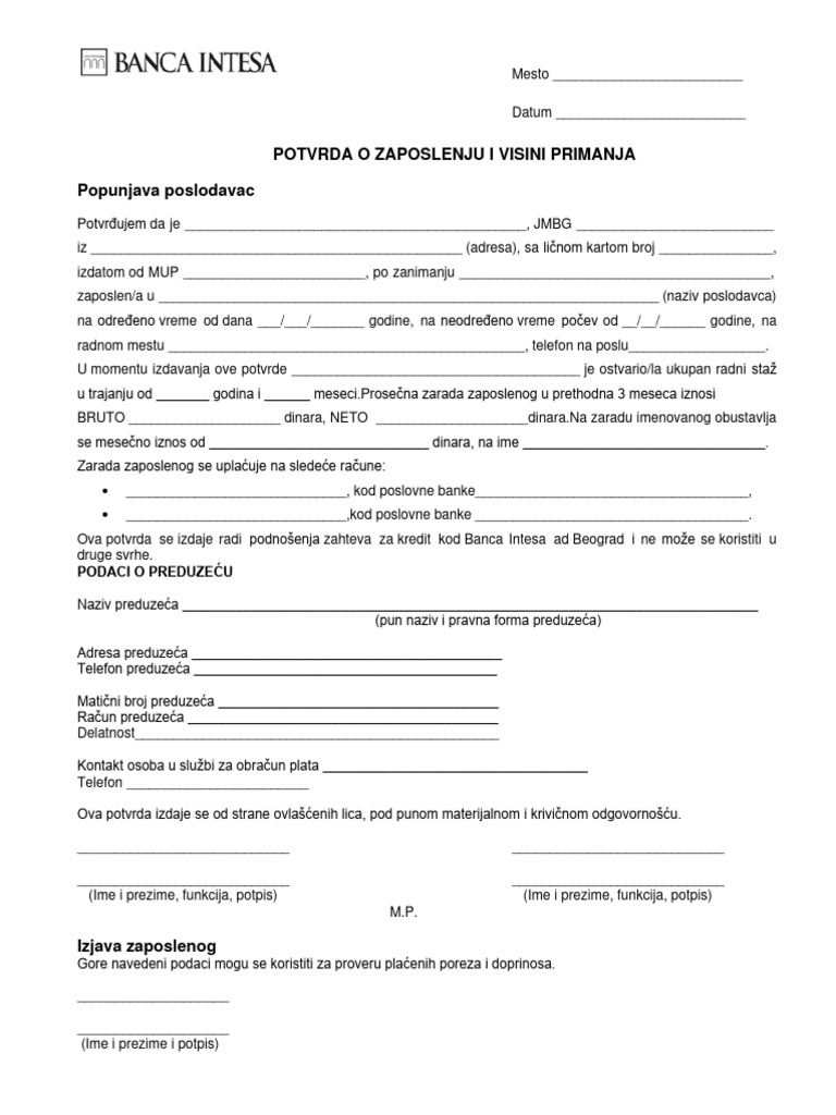 Potvrda o Zaposlenju | PDF