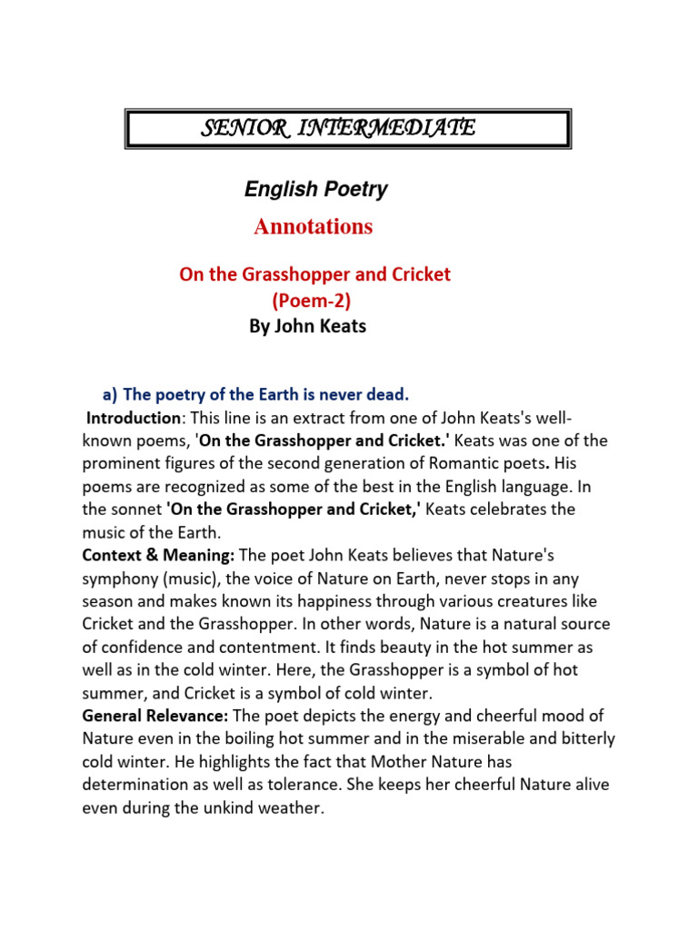 Keats' "On the Grasshopper and Cricket" | PDF | John Keats | Poetry