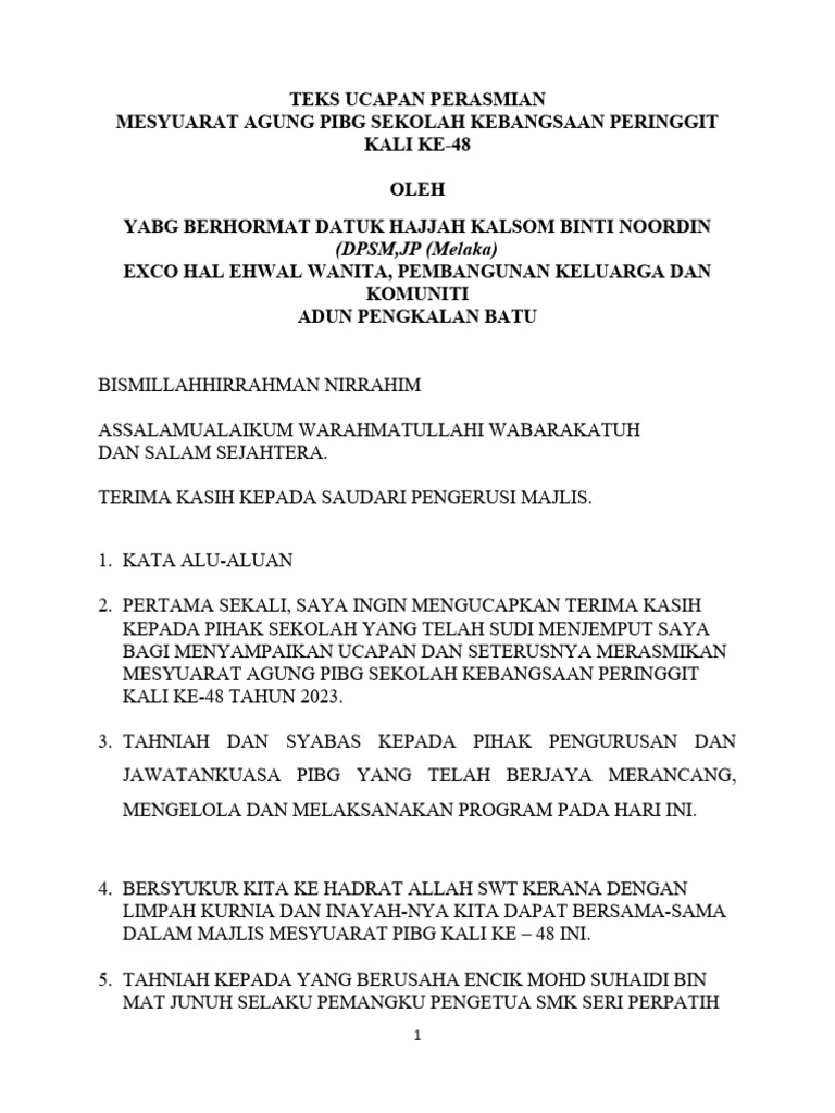 Teks Ucapan Perasmian Mesyuarat Agung Pibg SK Peringgit | PDF Teks Ucapan Perasmian Mesyuarat Agung Pibg SK Peringgit | PDF