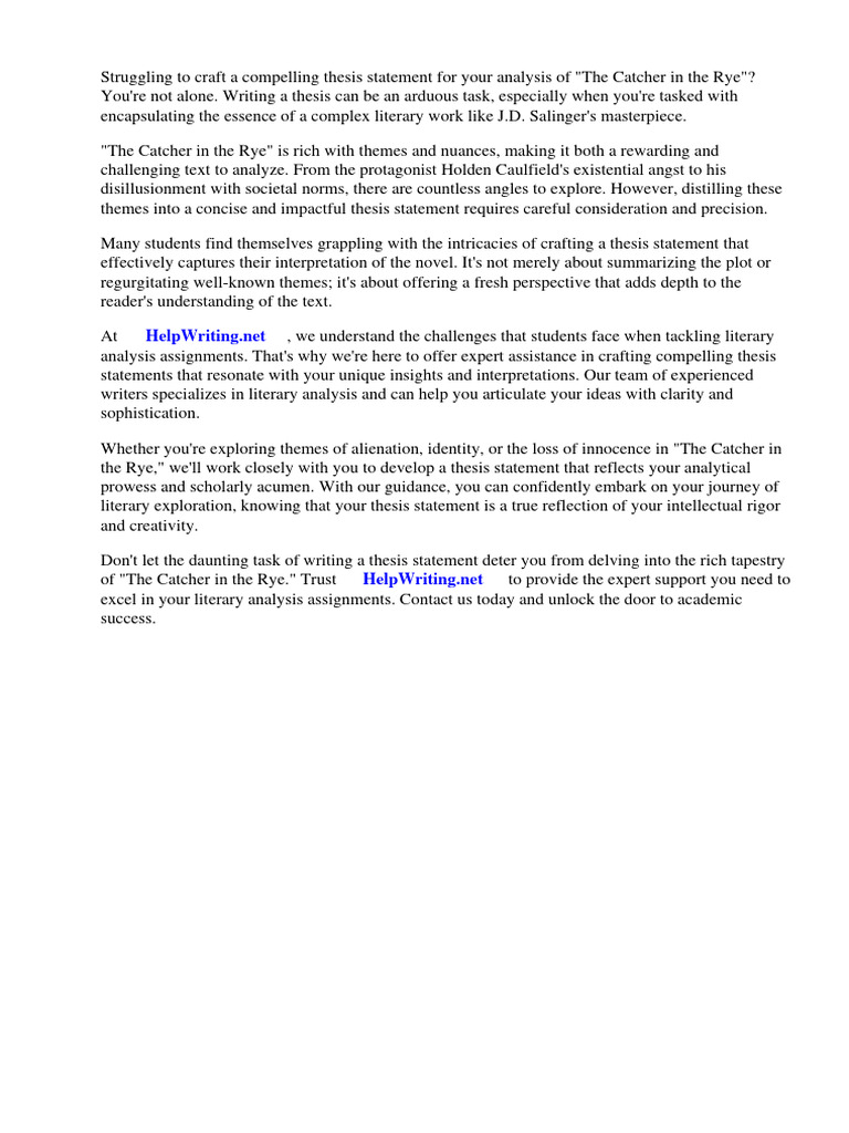 Thesis Statement Ideas For Catcher in The Rye | PDF | Essays | J. D. Salinger