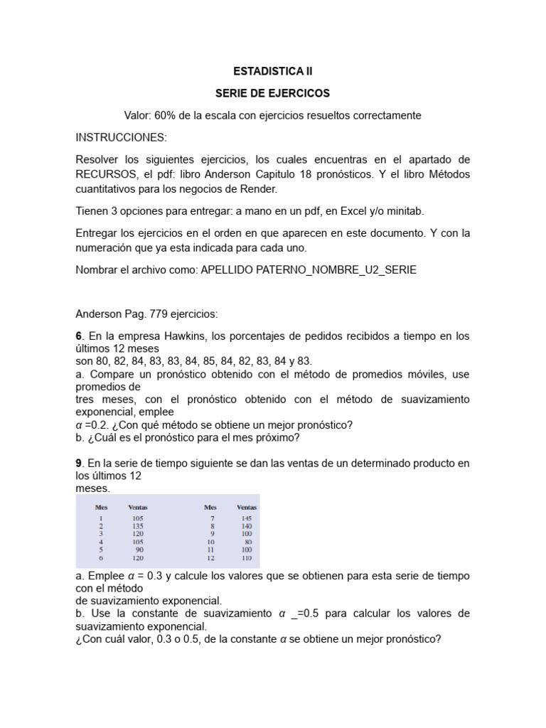 Serie de Ejercicios U2. ESTADISTICA II | PDF